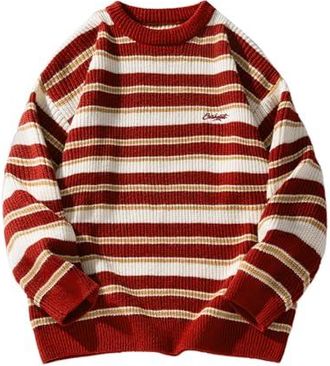 Generic Pull pour homme sans capuche col rond élégant rayé pull tricoté pull à manches longues patchwork décontracté col rond tops, Rouge, XL