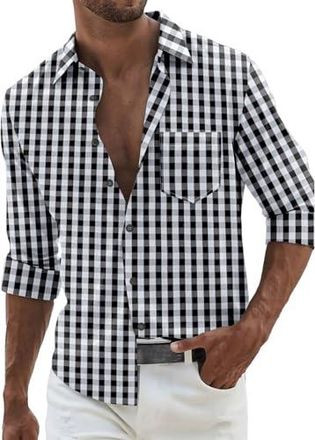 Generic Chemises pour homme, chemise &agrave; carreaux l&eacute;g&egrave;rement cintr&eacute;e, chemises &agrave; manches longues avec poche, chemise &agrave; carreaux, haut d&eacute;t&eacute; l&eacute;ger, haut tendance,