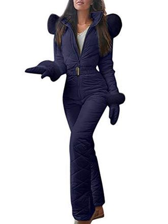 Minetom Combinaison de Ski Femme Fille Hiver Chaud Peluche Capuche Overall Neige Extérieur Sports Pantalon Ski Suit Imperméable Jumpsuit (Bleu, 34)