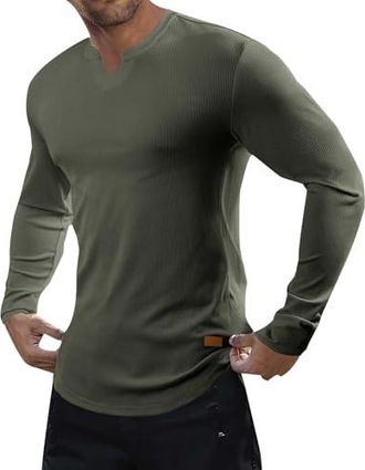 Generic T-shirts &agrave; manches longues pour hommes, T-shirts d&eacute;contract&eacute;s &agrave; col en V, T-shirts c&ocirc;tel&eacute;s pour hommes, grandes chemises, Vert, 3XL
