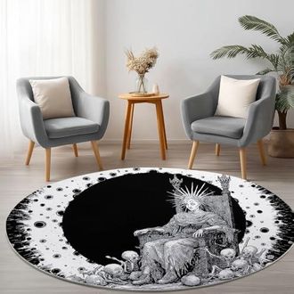 Generic Noir Tapis Rond Fantaisie - 160 cm Lavable Doux et antid&eacute;rapant Tapis, Myst&egrave;re Cr&acirc;ne Reine Impression pour Chambre &agrave; Coucher Salon Vestibule entr&eacute;e Ch