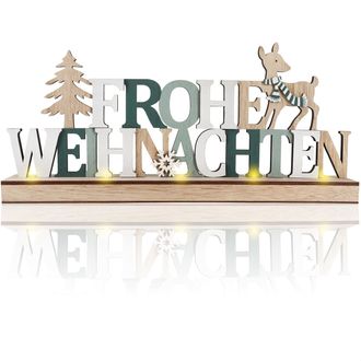 Com-Four LED Deko Aufsteller aus Holz - beleuchteter Schriftzug auf Holzsockel - Deko-Schriftzug zum Hinstellen f&uuml;r Weihnachten - Stimmungslicht mit Timer (Ren