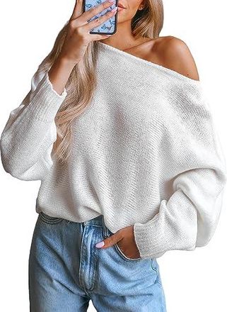 Cupshe Pull en tricot à une épaule pour femme - Manches chauve-souris - Tricot fin - Pull épaules dénudées - Hauts décontractés, Blanc., XL