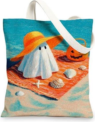 Generic Sac fourre-tout en toile motif fantôme, sac de plage mignon, sac de plage dHalloween, léger, lavable, sac de courses réutilisable pour voyage, pique-n