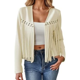 Generic Blouson Chaud Femme Veste d&eacute;contract&eacute;e l&eacute;g&egrave;re pour femme avec d&eacute;tails frang&eacute;s pi&egrave;ce polyvalente pour superposition confortable en toutes saisons et en