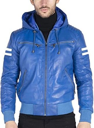 TruClothing Veste pour Homme en Cuir véritable avec Capuche Style Bomber USA Rayures - Bleu 3XL