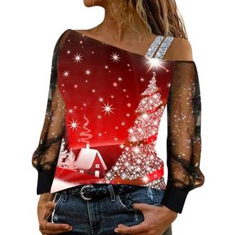 Generic Chemisier Noel Femme Chic Sexy Brillantes Paillettes Haut &Eacute;paules D&eacute;nud&eacute;es Imprim&eacute; Noel T-Shirt Femme Chic Et &eacute;l&eacute;gant Pull &Eacute;l&eacute;gant Blouse Loose Mode M