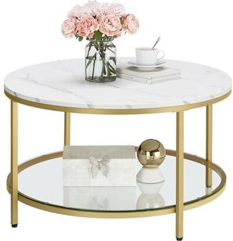 Vasagle Table Basse, Table de Salon, Fa&ccedil;on Marbre, Support en Verre Tremp&eacute;, Facile &agrave; Assembler, Style Moderne, Blanc Marbr&eacute; et Dor&eacute; M&eacute;tallique LCT071W59