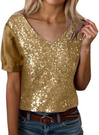 Generico Chemisier &agrave; paillettes avec col en V Grandes tailles - Haut brillant &eacute;l&eacute;gant &agrave; manches courtes et paillettes - Haut pour f&ecirc;tes et cocktails - Haut bri