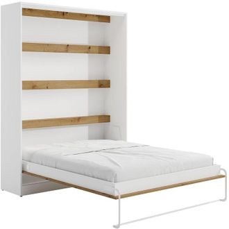 Vente-Unique Vente-Unique - Lit escamotable 160 x 200 cm - Ouverture verticale manuelle - Avec &eacute;clairage LED - Blanc et naturel - Fabriqu&eacute; en Europe