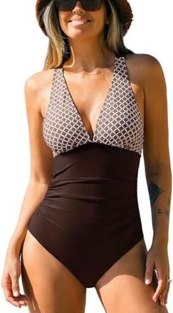 Cupshe Femme Maillot de Bain 1 Pièce Col V Contrôle Ventre Dos Croisé Rétro Maillots Une Pièce Swimwear Marron/Damier XL