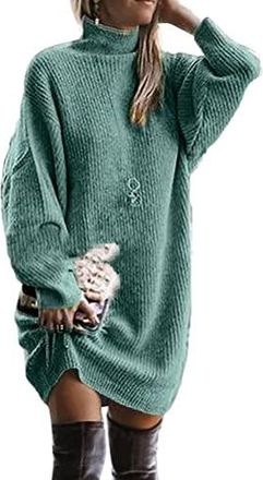 TOMWELL Pull Robe Femme Automne Manche Longue Casual Mini Dress Col Roulé Tricot Chandails Elégant Oversize Lâche Pullover A Vert XXL
