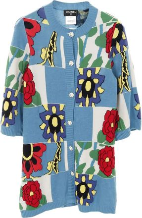 Chanel manteau cardigan &agrave; boutons &agrave; fleurs - Bleu