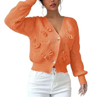 Generic Cardigan dhiver court &agrave; manches longues en tricot d&eacute;contract&eacute; &eacute;l&eacute;gant pour femme, Orange, Taille S