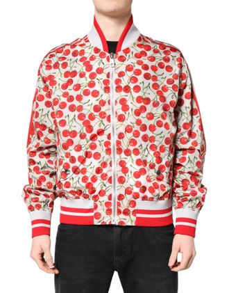 Dolce & Gabbana Mens White Cherry Print Full Zip Bomber Jacket And Red Polyester Clothing