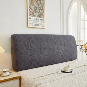 Generic Vintage Stretch Bettkopfteil Bezug Staubdichter Polsterbezug im europ&auml;ischen Stil mit gepr&auml;gtem Kopfteil Bezug Retro Muster Bl&auml;tter - Dunkelgrau 140-1