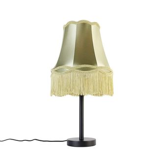 QAZQA Klassisch I Antik Klassische Tischlampe schwarz mit Granny-Schirm gr&uuml;n 30 cm - Simplo I Wohnzimmer I Schlafzimmer - Textil Rund - LED geeignet E27
