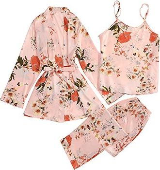 Generic Pyjama pour femme en satin de satin doux - Pyjama imprim&eacute; floral - Ensemble de pyjama avec motif l&eacute;opard - Pyjama sexy en soie - V&ecirc;tement de maison - 