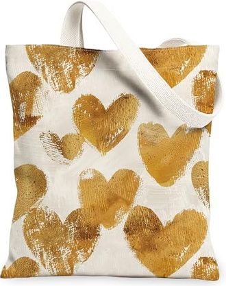 Generic Sacs fourre-tout en toile motif coeur dor&eacute;, sacs &agrave; provisions r&eacute;utilisables, &eacute;l&eacute;gants et l&eacute;gers avec bandouli&egrave;re lavable, dor&eacute;, 13x15 Inch