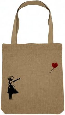 Fabulous Sac Shopping Tote Bag Aspect Lin - Banksy Fillette Ballon Rouge Coeur Enfant - Sac de Courses Toile Epaisse 360g Beige Naturel Cabas Port&eacute; Epaule Soli