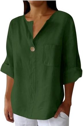Generic HUIFUAO - Haut en Lin à Manches 3/4 pour Femme, Grande Taille, Chemisiers et Chemises dété, Confortables, Respirants, légers, col en V, Tunique bouton