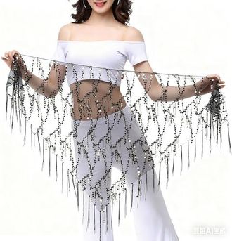 Generico Foulard de danse orientale pour femme avec paillettes et franges Ceinture de taille Jupe triangulaire enveloppante pour danse orientale entra&icirc;nement e
