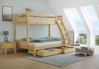 Erst-Holz Doppel-Etagenbett 120x200 und 80x200 Erwachsenen-Stockbett Kiefer Massivholz Natur V-60.18-08-12Rollrost und Doppelbettkasten inkl
