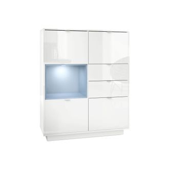 Vladon Highboard Sideboard Metro, Made in Germany, Korpus in Wei&szlig; Hochglanz/Fronten in Wei&szlig; Hochglanz mit Einsatz in Denim matt, inkl. LED Beleuchtung