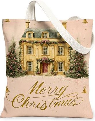 Generic Sacs fourre-tout en toile pour maison de No&euml;l, design vintage maison, sacs l&eacute;gers r&eacute;utilisables, festifs et lavables avec bandouli&egrave;re en toile pour, p