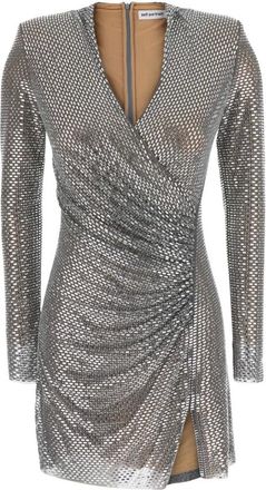 Self Portrait Femme, Robes, Gris, Taille: 34 FR Robe mini portefeuille en r&eacute;sille &agrave; strass