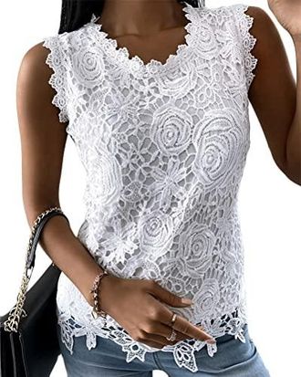 ORANDESIGNE Femmes Gilet en Dentelle Garniture Col Rond Débardeurs Casual Lâche Chemises sans Manches Chemisier Top avec Dentelle Débardeur Elégant Haut Sexy Casu