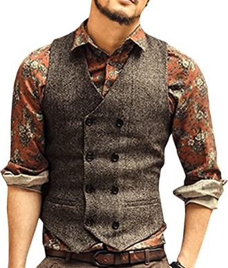 Onsoyours Veste de Costume pour Homme Slim Fit Gilet Casual Tweed Soiree Formelle Veste sans Manches pour Mariage H Marron XL