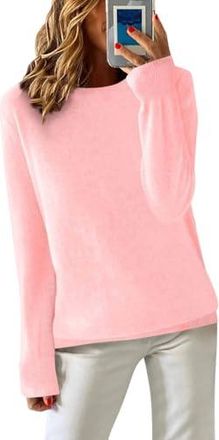 TOMWELL Pull Femme Pullover &Agrave; Manches Longues en Tricot Sweat Col Rond Top Couleur Unie Chandail A Rose L