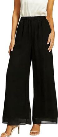Generic Pantalon de plage en mousseline de soie pour femme - Jambes larges - Taille &eacute;lastique - Double couche, Noir, 3XL