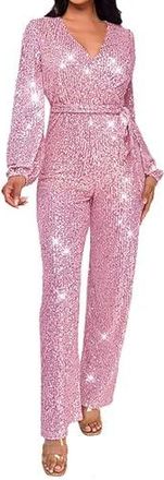 Generic Combinaison &agrave; paillettes &agrave; manches longues et col en V - Combinaisons pour femmes - Combinaison &eacute;l&eacute;gante pour femme - Pantalon long droit large avec p