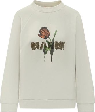 Marni Femme, Sweatshirts et sweats &agrave; capuche, Blanc, Taille: 36 FR SweaT-shirt en coton avec imprim&eacute; tulipe