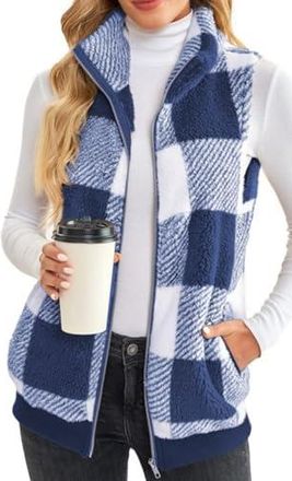 EUDOLAH Damens Fleece Weste mit Reißverschluss im Karo-Muster Warme Steppweste mit Stehkragen in Langer Weiter Passform für Winter und Freizeit(XXL,Bleu)