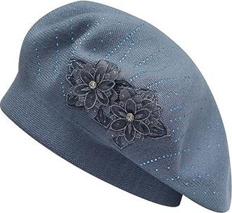 ZLYC Femmes Classique Francais Cachemire Chapeau de Béret avec Décor Floral(Deux Fleurs Bleu Brume),Taille Unique