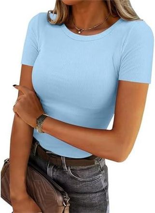 Generic T-shirt dété pour femme - Manches courtes - Col rond - Côtelé - Coupe ajustée - T-shirt basique, bleu clair, M
