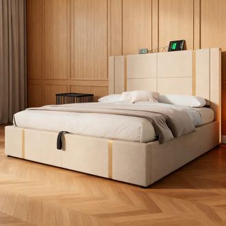 Generic Polsterbett 140x200 cm mit APP-Steuerung & USB-C Ladefunktion - Beige Leinen mit LED, Stauraum & Holzlattenrost - Doppelbett ohne Matratze