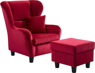 Lifestyle4Living Moderner Ohrensessel mit Hocker - Große Auswahl an Stoffen und Farben - Gemütlicher Designer-Sessel im eleganten Landhaus-Stil, Samtrot