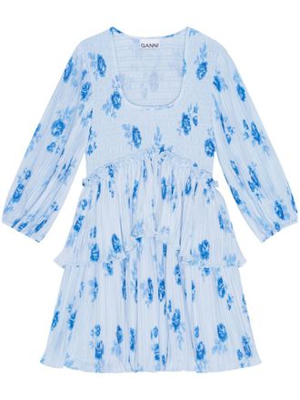 Ganni Minikleid mit Blumen-Print - Blau