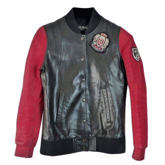 Balmain Black & Red Patch Applique Leather Jacket Size 36