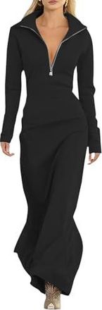Generic Robe maxi &agrave; manches longues pour femme - Design sweat-shirt - Col zipp&eacute; - Col en V - Streetwear - &Eacute;paules d&eacute;nud&eacute;es - Sexy, Noir, XXL