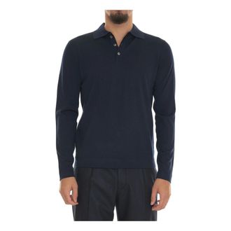 Hindustrie Merinowolle Langarm Polo Shirt - - Tops - Herren - Blau - 2XL
