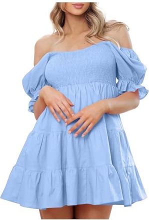 Generic Robe amincissante &agrave; volants pour femme - Jupe &agrave; manches courtes, bleu clair, L