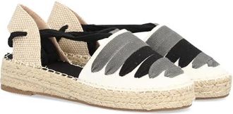 Shoes & Blues Sandales espadrilles dinspiration m&eacute;diterran&eacute;enne pour femme. Semelle en jute tress&eacute;e, fermeture par sangles qui sattachent &agrave; la cheville. Imprim&eacute; uni