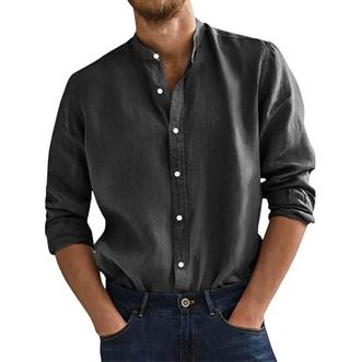 Generic Chemises pour homme col grand-p&egrave;re manches longues col &agrave; bandes chemises en lin chemises coupe r&eacute;guli&egrave;re couleur unie chemise de plage loisirs robe d&eacute;