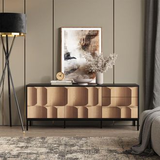 Vicco Lowboard Eliza, noir/ch&ecirc;ne, 150x60cm avec 3 tiroirs