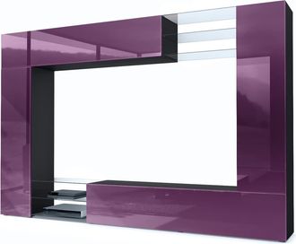 Vladon Wohnwand Mirage, Made in Germany, Anbauwand mit R&uuml;ckwand mit 2 T&uuml;ren, 2 Klappen und 6 offenen Glasablagen, Schwarz matt/Brombeer Hochglanz (262 x 183 